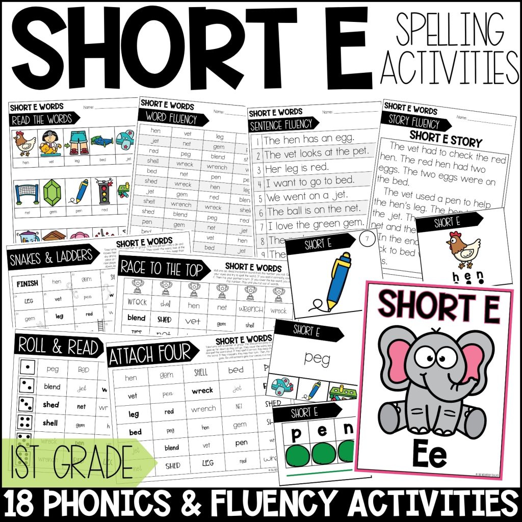 Short E CVC Activities and Worksheets for 1st Grade Phonics or Spelling ...