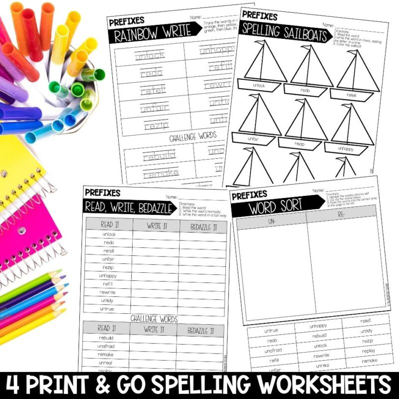 Prefixes RE and UN Worksheets, 2nd Grade Spelling Activities & Phonics ...